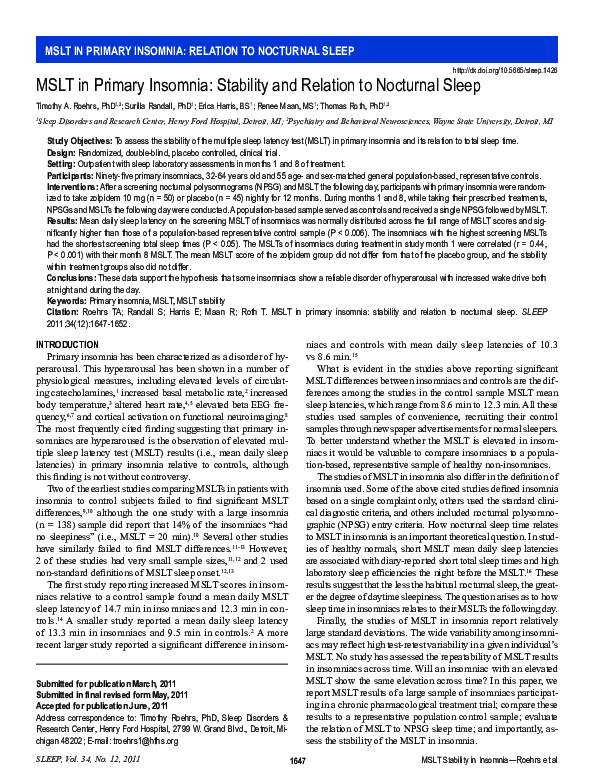 (PDF) MSLT in Primary Insomnia: Stability and Relation to Nocturnal Sleep