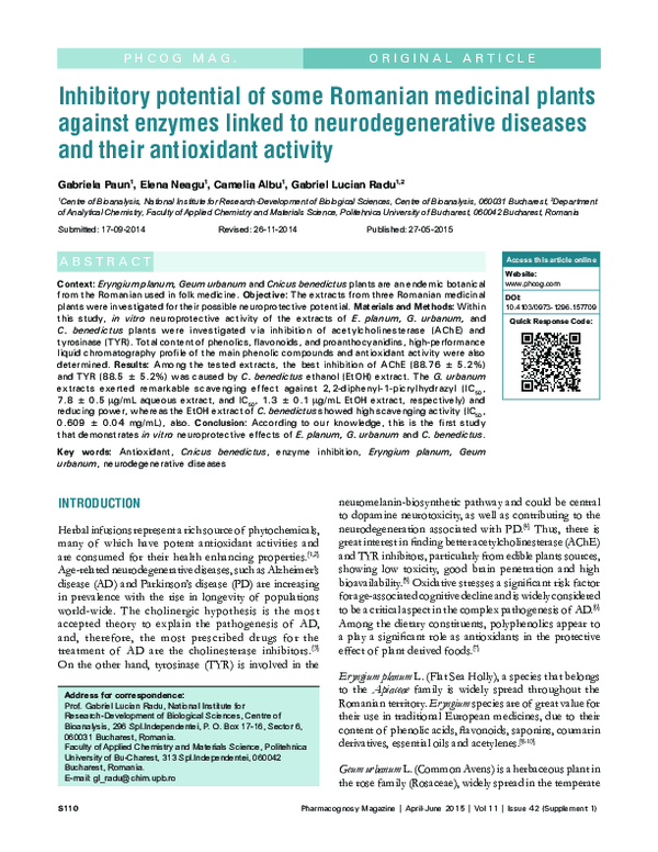 (PDF) Inhibitory potential of some Romanian medicinal plants against ...
