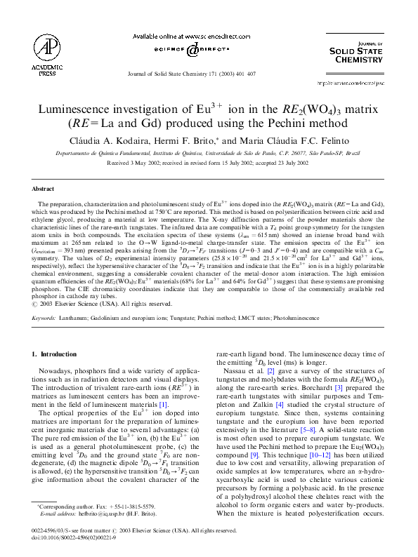 (PDF) Luminescence investigation of Eu3+ ion in the RE2 (WO4) 3 matrix ...