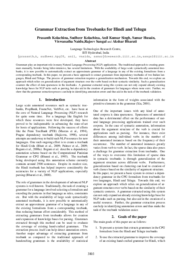 (PDF) Grammar Extraction from Treebanks for Hindi and Telugu