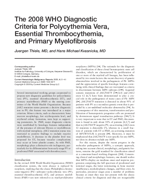 (PDF) The 2008 WHO Diagnostic Criteria for Polycythemia Vera, Essential ...