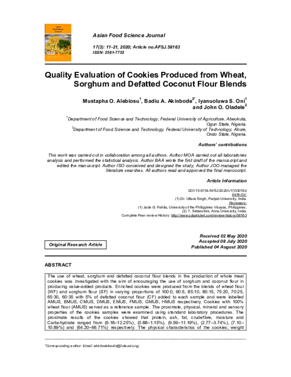 (PDF) Quality Evaluation of Cookies Produced from Wheat, Sorghum and Defatted Coconut Flour Blends