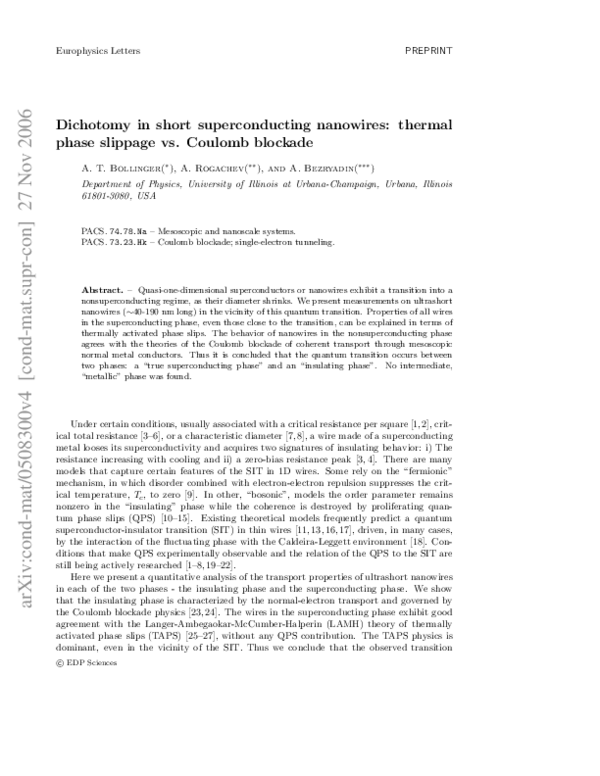 (PDF) Dichotomy in short superconducting nanowires: Thermal phase ...
