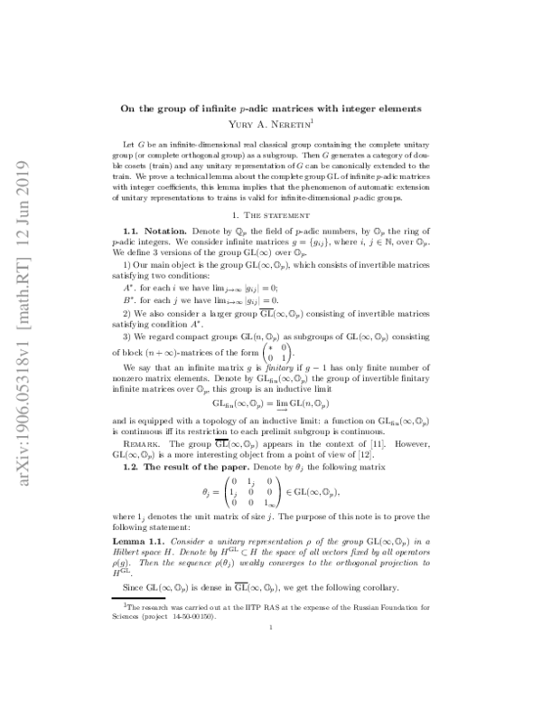 Pdf On The Group Of Infinite P Adic Matrices With Integer Elements