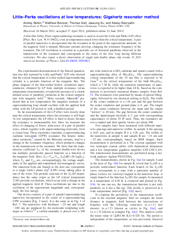 (PDF) Little–Parks oscillations at low temperatures: Gigahertz ...
