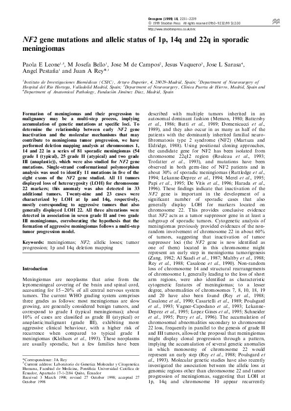 (PDF) NF2 gene mutations and allelic status of 1p, 14q and 22q in ...