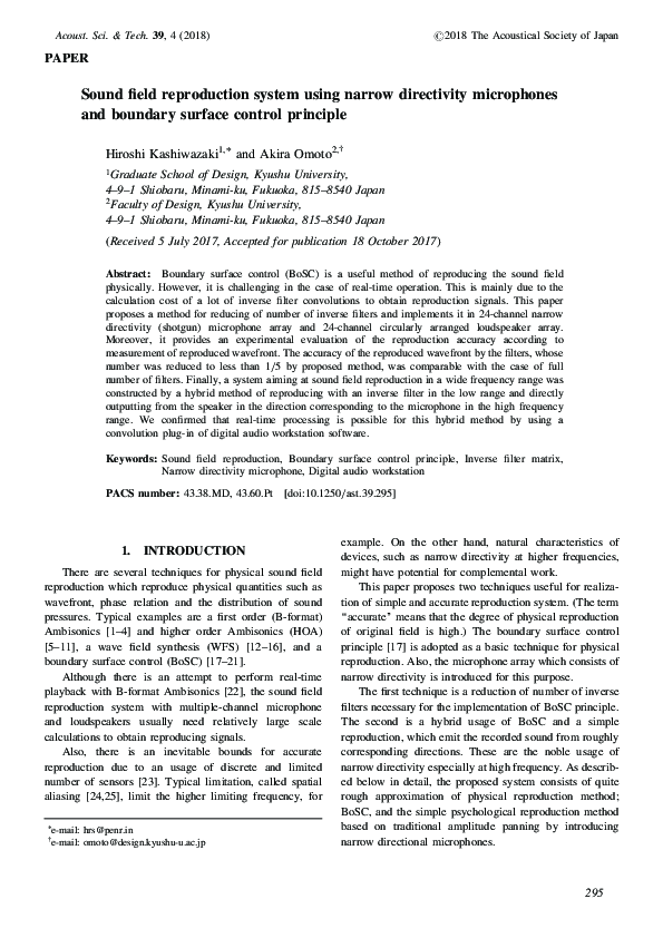 (PDF) Sound field reproduction system using narrow directivity microphones and boundary surface ...