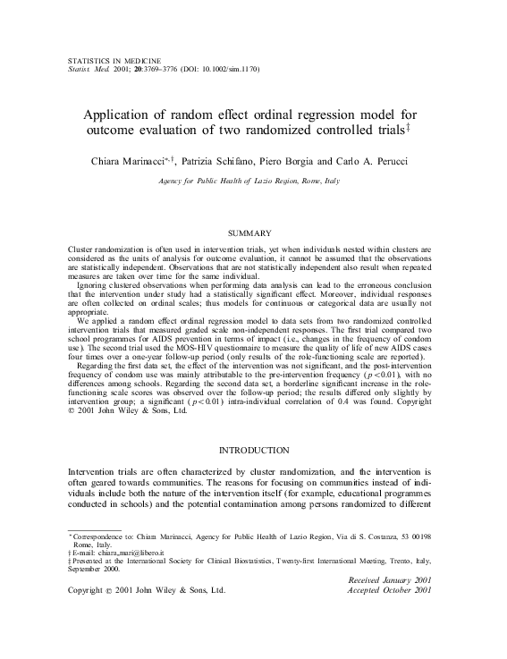 (PDF) Application of random effect ordinal regression model for outcome ...