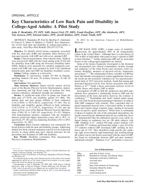 (PDF) Key Characteristics of Low Back Pain and Disability in College ...