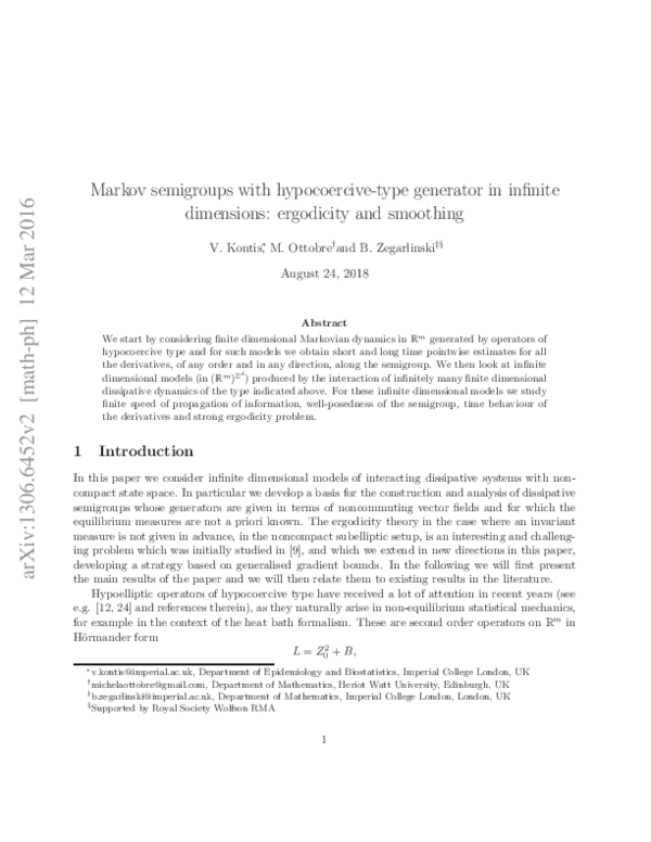 (PDF) Markov semigroups with hypocoercive-type generator in infinite dimensions: Ergodicity and ...
