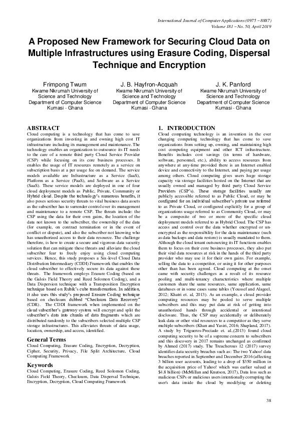 (PDF) A Proposed New Framework for Securing Cloud Data on Multiple Infrastructures using Erasure ...