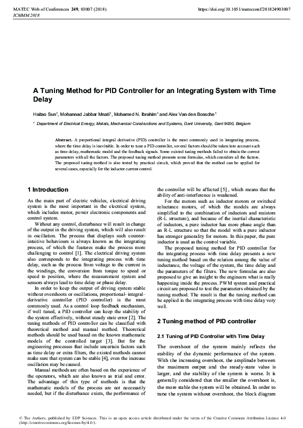 Pdf A Tuning Method For Pid Controller For An Integrating System With Time Delay