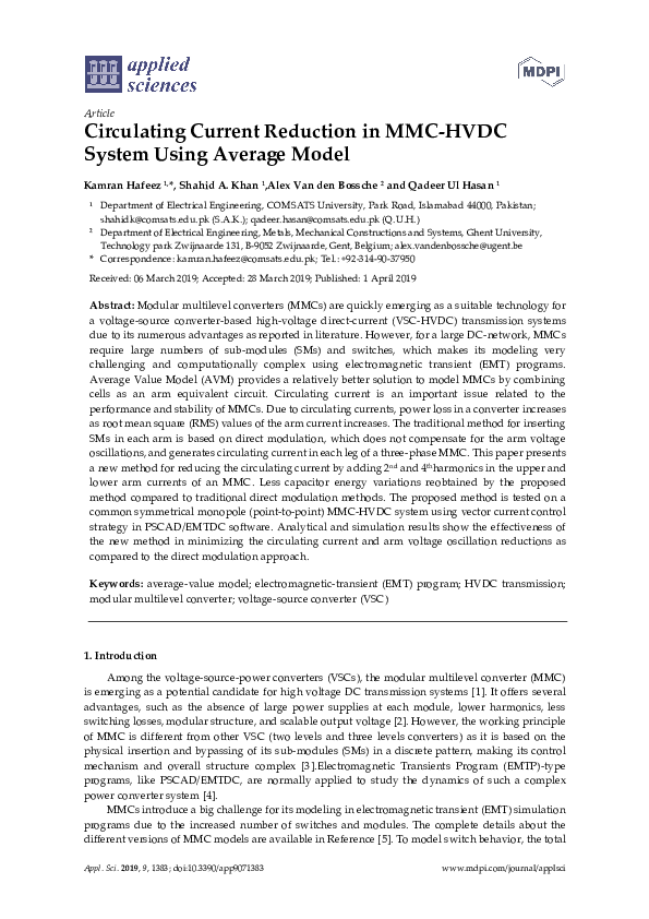 Pdf Circulating Current Reduction In Mmc Hvdc System Using Average Model