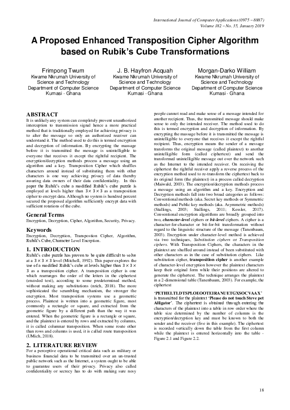 Pdf A Proposed Enhanced Transposition Cipher Algorithm Based On Rubiks Cube Transformations