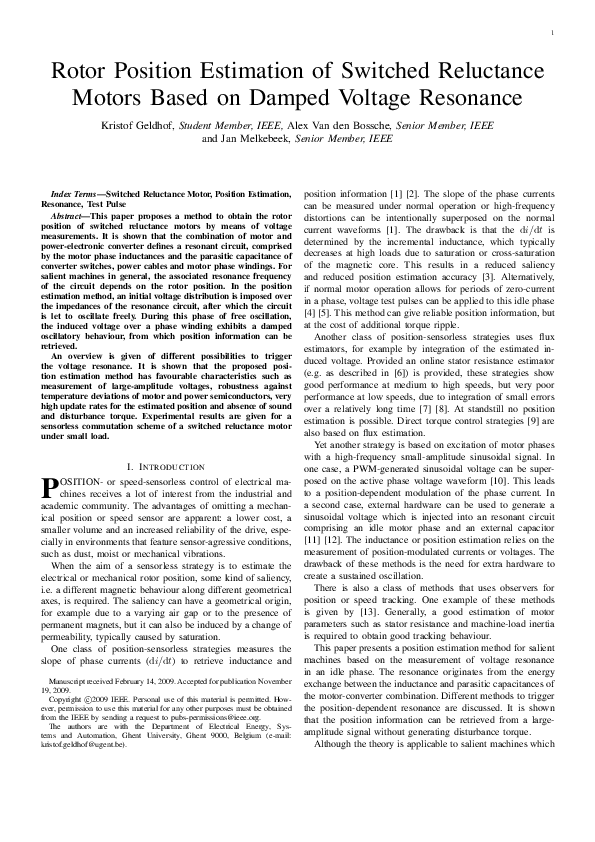 Pdf Rotor Position Estimation Of Switched Reluctance Motors Based On Damped Voltage Resonance