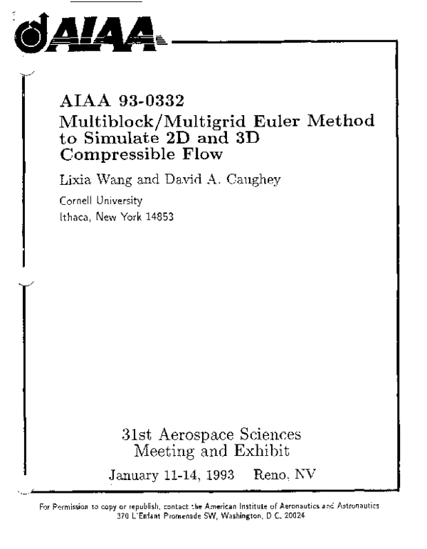 Pdf A Multiblock Multigrid Euler Method To Simulate 2d And 3d Compressible Flow David