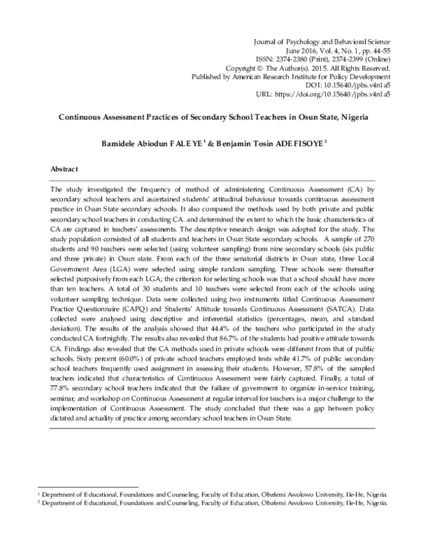 (PDF) Continuous Assessment Practices of Secondary School Teachers in Osun State, Nigeria