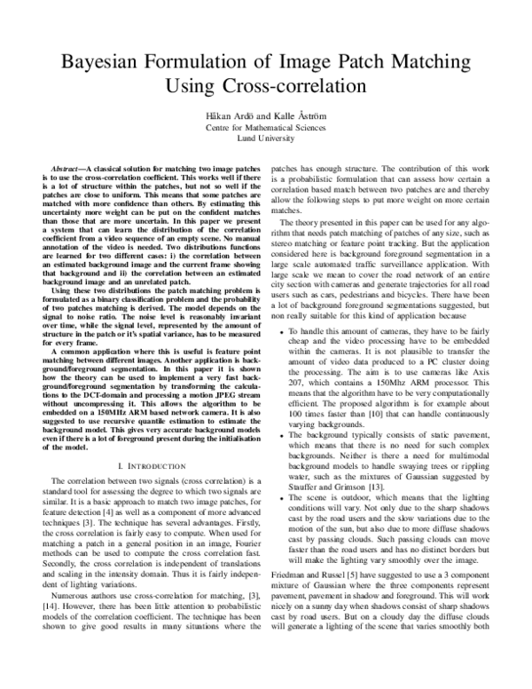 Pdf Bayesian Formulation Of Image Patch Matching Using Cross Correlation