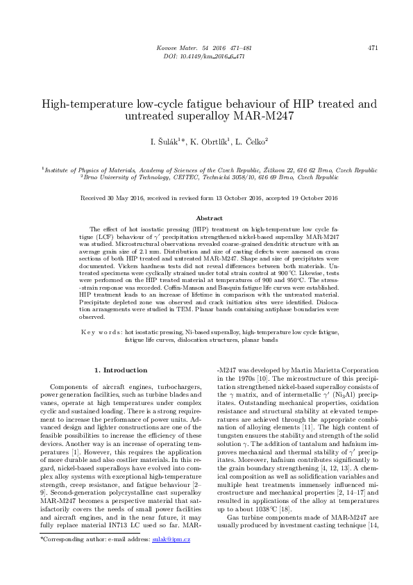 (PDF) High-temperature low-cycle fatigue behaviour of HIP treated and untreated superalloy MAR-M247