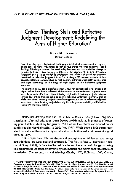 (PDF) Critical thinking skills and reflective judgment development ...