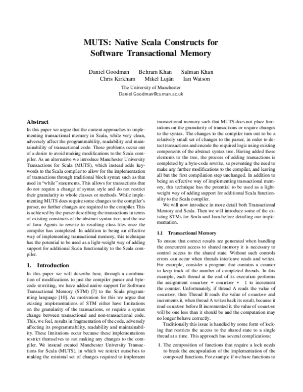 Pdf Muts Native Scala Constructs For Software Transactional Memory Behram Khan