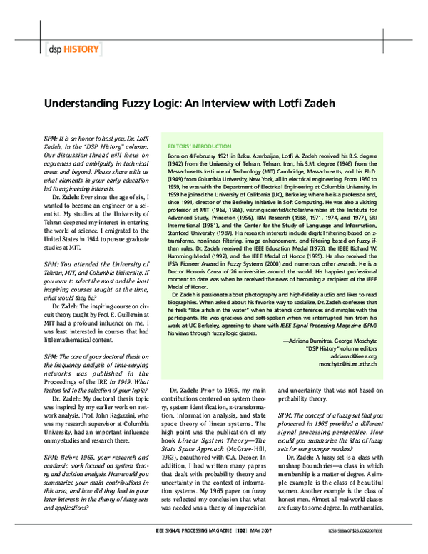 (PDF) Understanding Fuzzy Logic: An Interview with Lotf i Zadeh [DSP ...