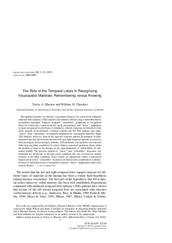(PDF) The Role of the Temporal Lobes in Recognizing Visuospatial ...