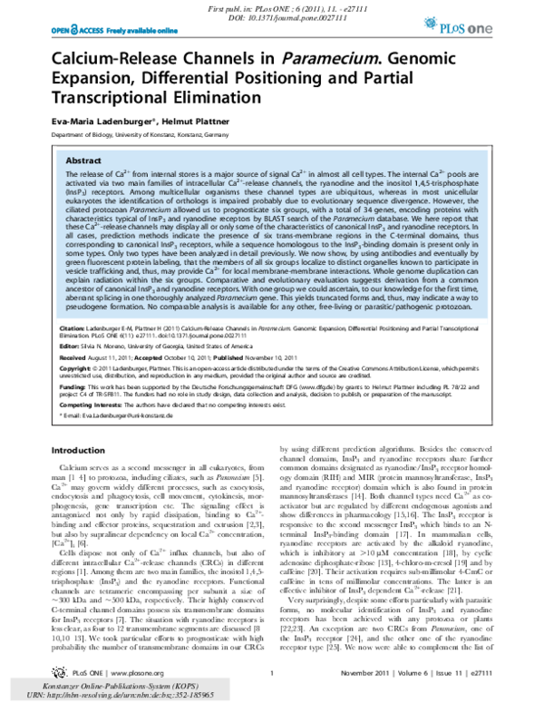 (PDF) Calcium-Release Channels in Paramecium. Genomic Expansion ...