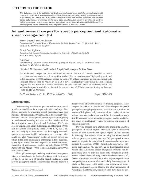Pdf An Audio Visual Corpus For Speech Perception And Automatic Speech Recognition