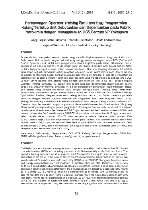 (PDF) Perancangan Operator Training Simulator bagi Pengontrolan Kalang Tertutup Unit Debutanizer ...