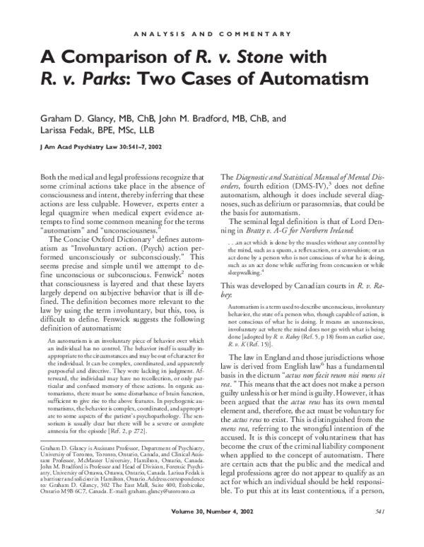 (PDF) A comparison of R. v. Stone with R. v. Parks: two cases of automatism