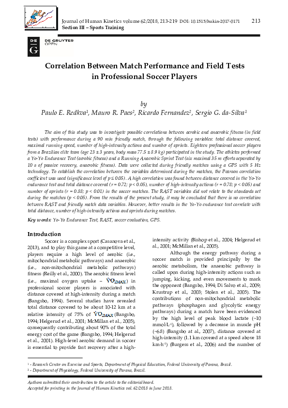 Pdf Correlation Between Match Performance And Field Tests In