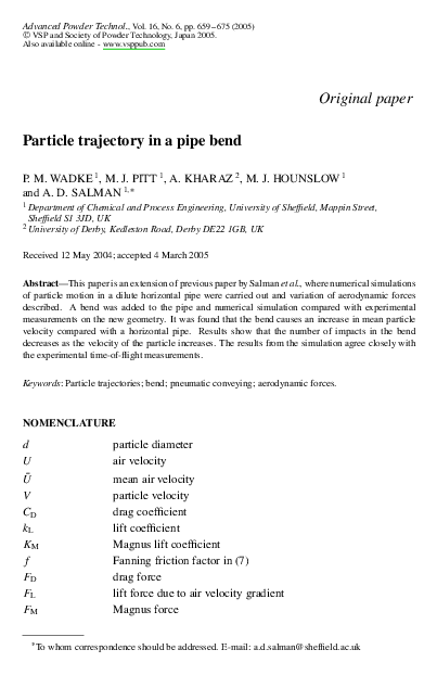 (PDF) Particle trajectory in a pipe bend (PDF) Particle trajectory in a pipe bend