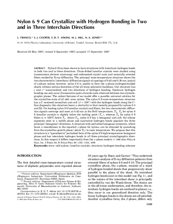 (PDF) Nylon 6 9 can crystallize with hydrogen bonding in two and in ...