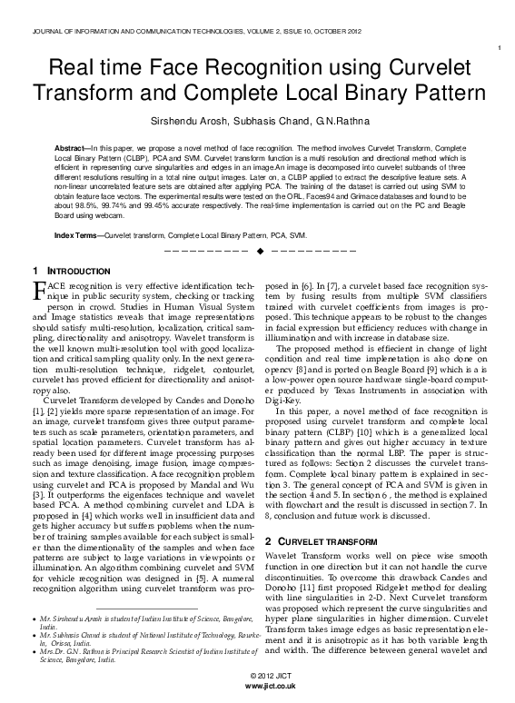 Pdf Real Time Face Recognition Using Curvelet Transform And Complete