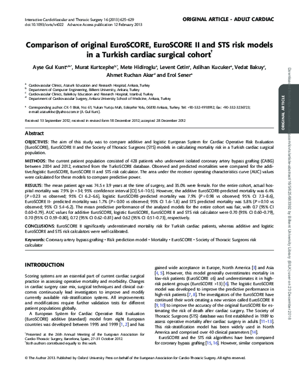 Comparison of original EuroSCORE, EuroSCORE II and STS risk models in a ...