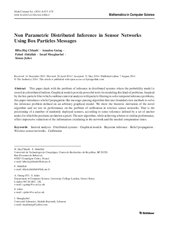 (PDF) Non Parametric Distributed Inference in Sensor Networks Using Box Particles Messages