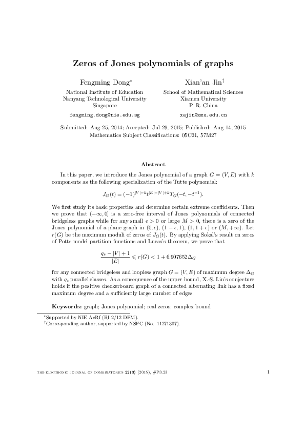 (PDF) Zeros of Jones Polynomials of Graphs | Fengming Dong - Academia.edu