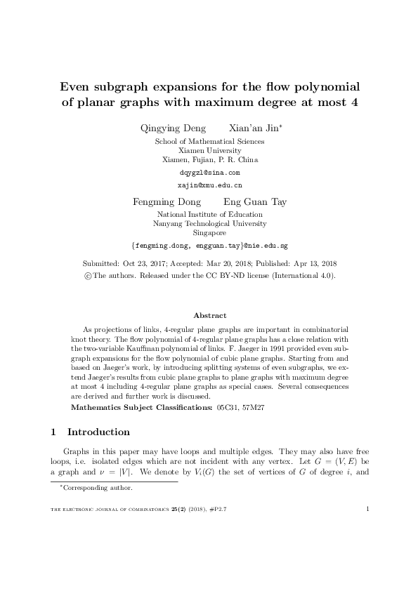 (PDF) Even Subgraph Expansions for the Flow Polynomial of Planar Graphs with Maximum Degree at ...