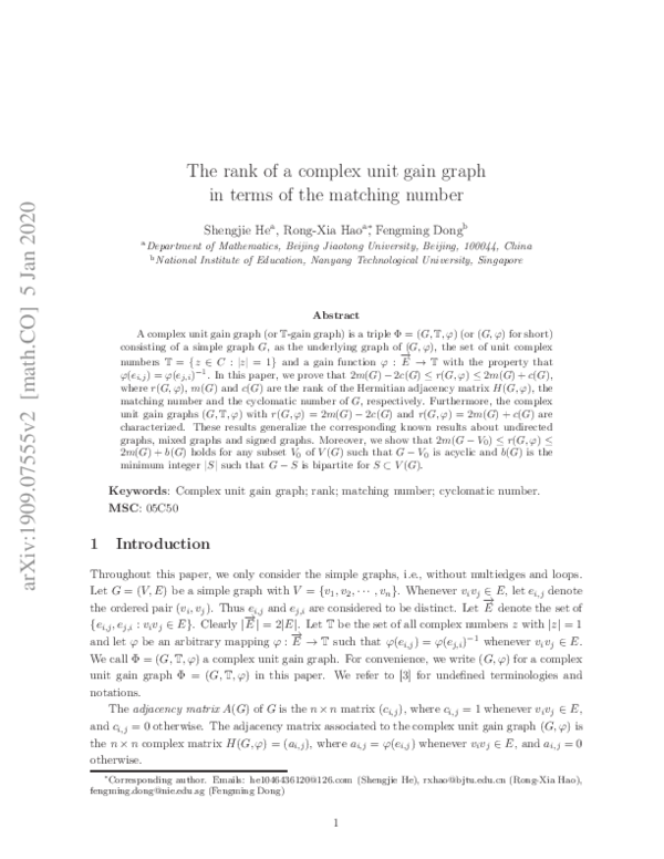 (PDF) The rank of a complex unit gain graph in terms of the matching number