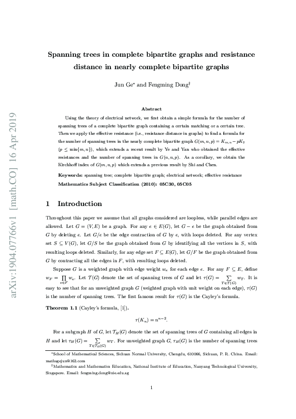 (PDF) Spanning trees in complete bipartite graphs and resistance distance in nearly complete ...