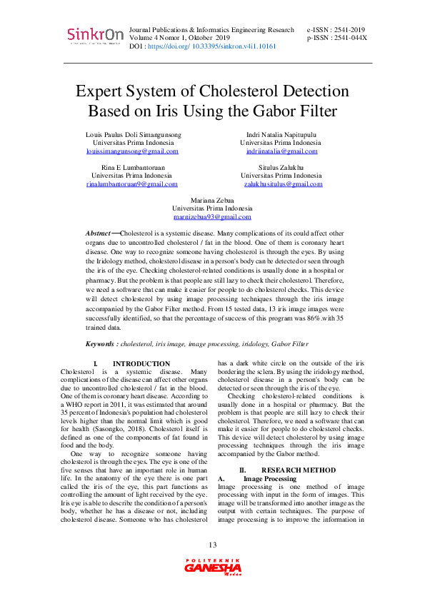 (PDF) The Expert System of Cholesterol Detection Based on Iris Using the Gabor Filter