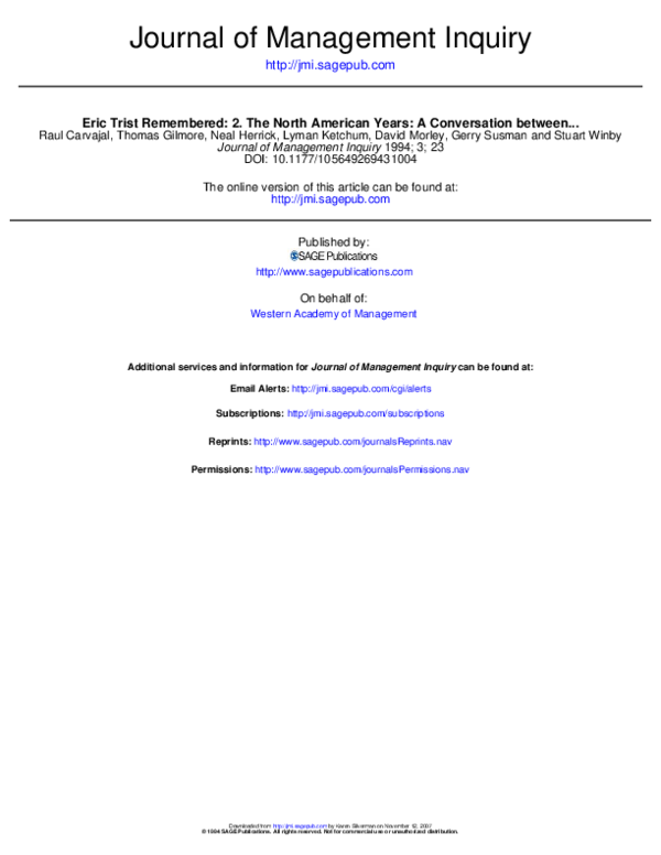 (PDF) Eric Trist Remembered: 2. The North American Years: A ...