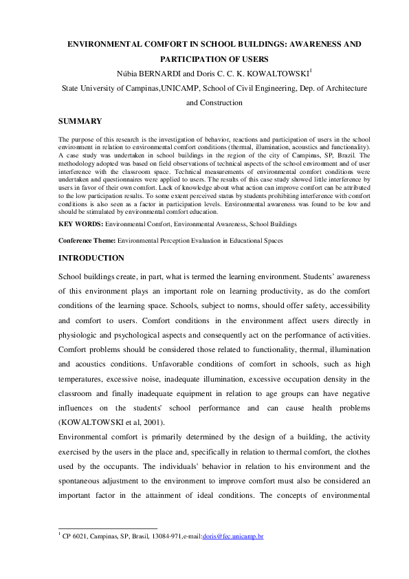 (PDF) ENVIRONMENTAL COMFORT IN SCHOOL BUILDINGS: AWARENESS AND ...
