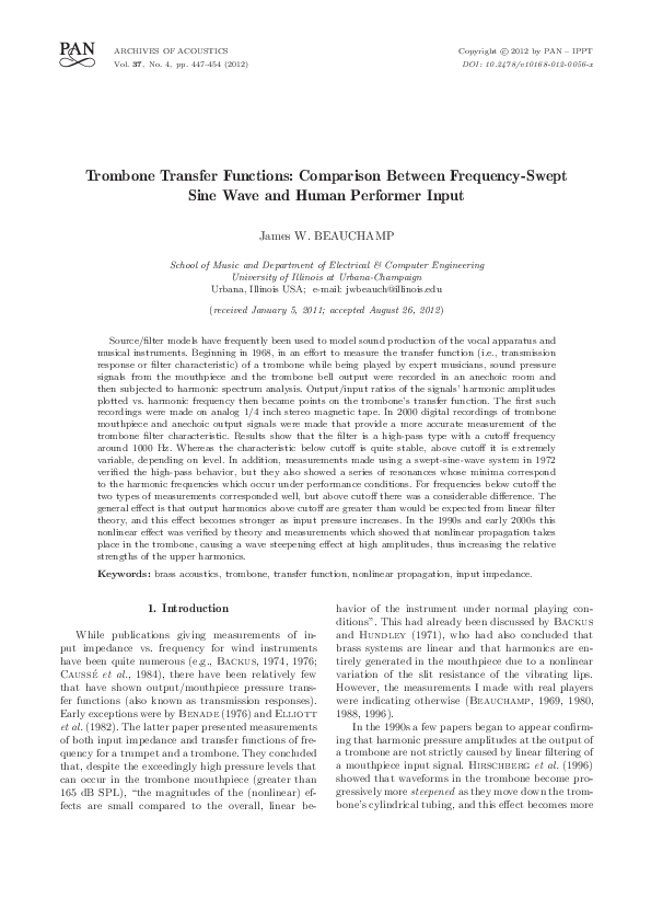 (PDF) Trombone Transfer Functions: Comparison Between Frequency-Swept ...