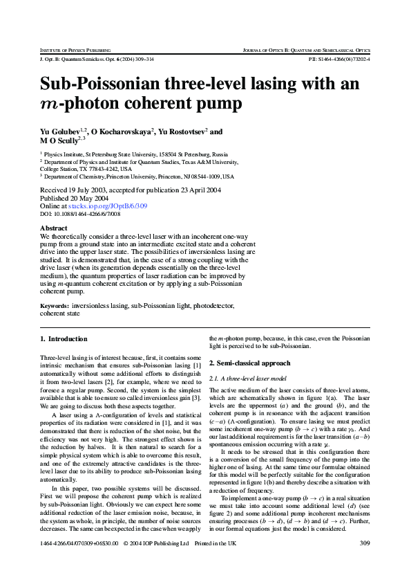 (PDF) Sub-Poissonian three-level lasing with an m -photon coherent pump