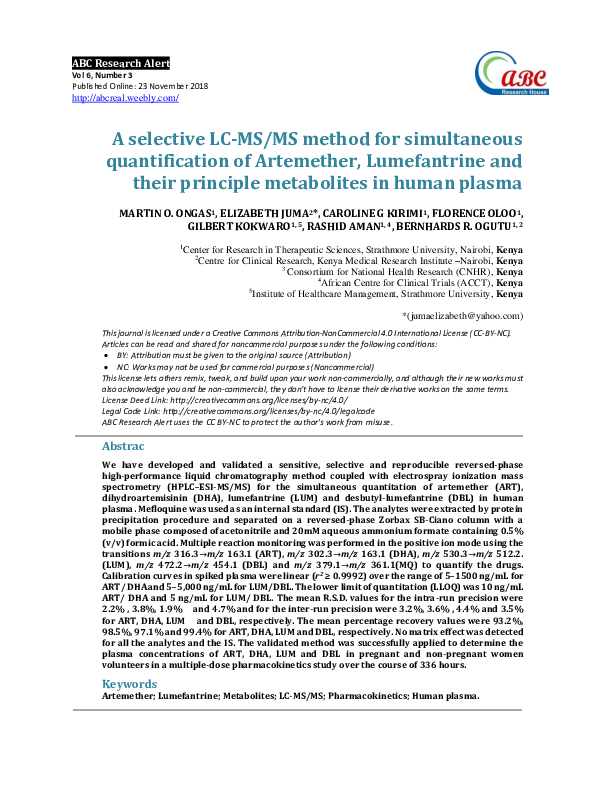 (PDF) A selective LC-MS/MS method for simultaneous quantification of Artemether, Lumefantrine ...