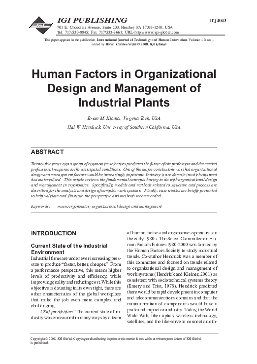 (PDF) Human Factors in Organizational Design and Management of ...