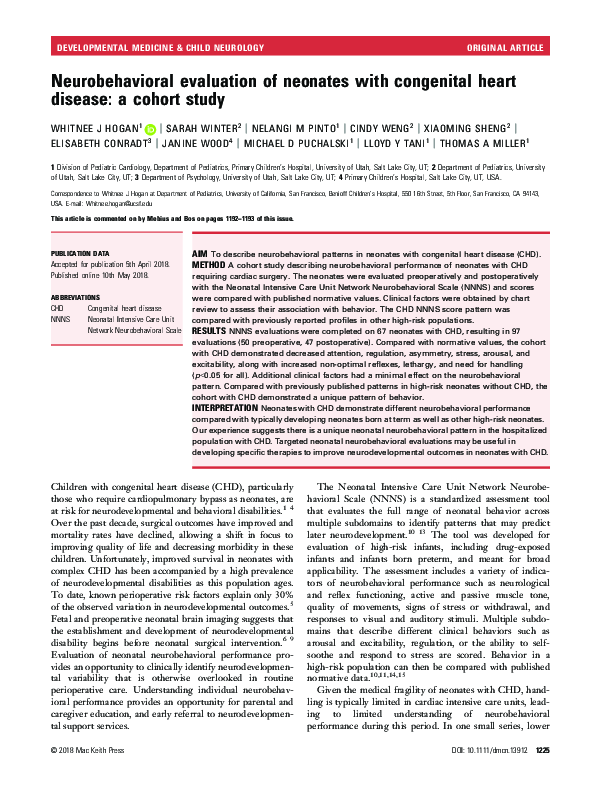 (PDF) Neurobehavioral evaluation of neonates with congenital heart ...