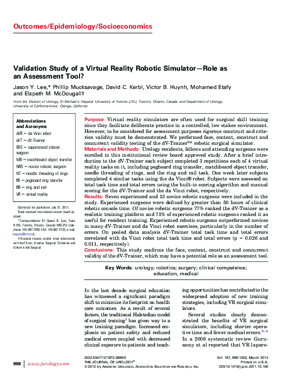 (PDF) Validation Study of a Virtual Reality Robotic Simulator: Role as an Assessment Tool?